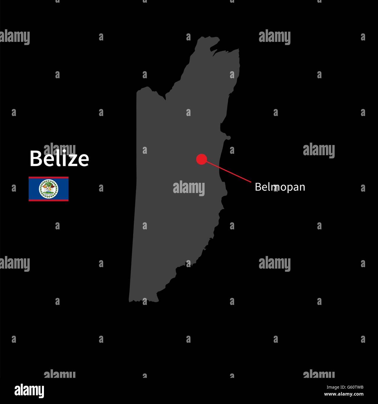 Carte détaillée du Belize et Capitale Belmopan avec drapeau sur fond ...