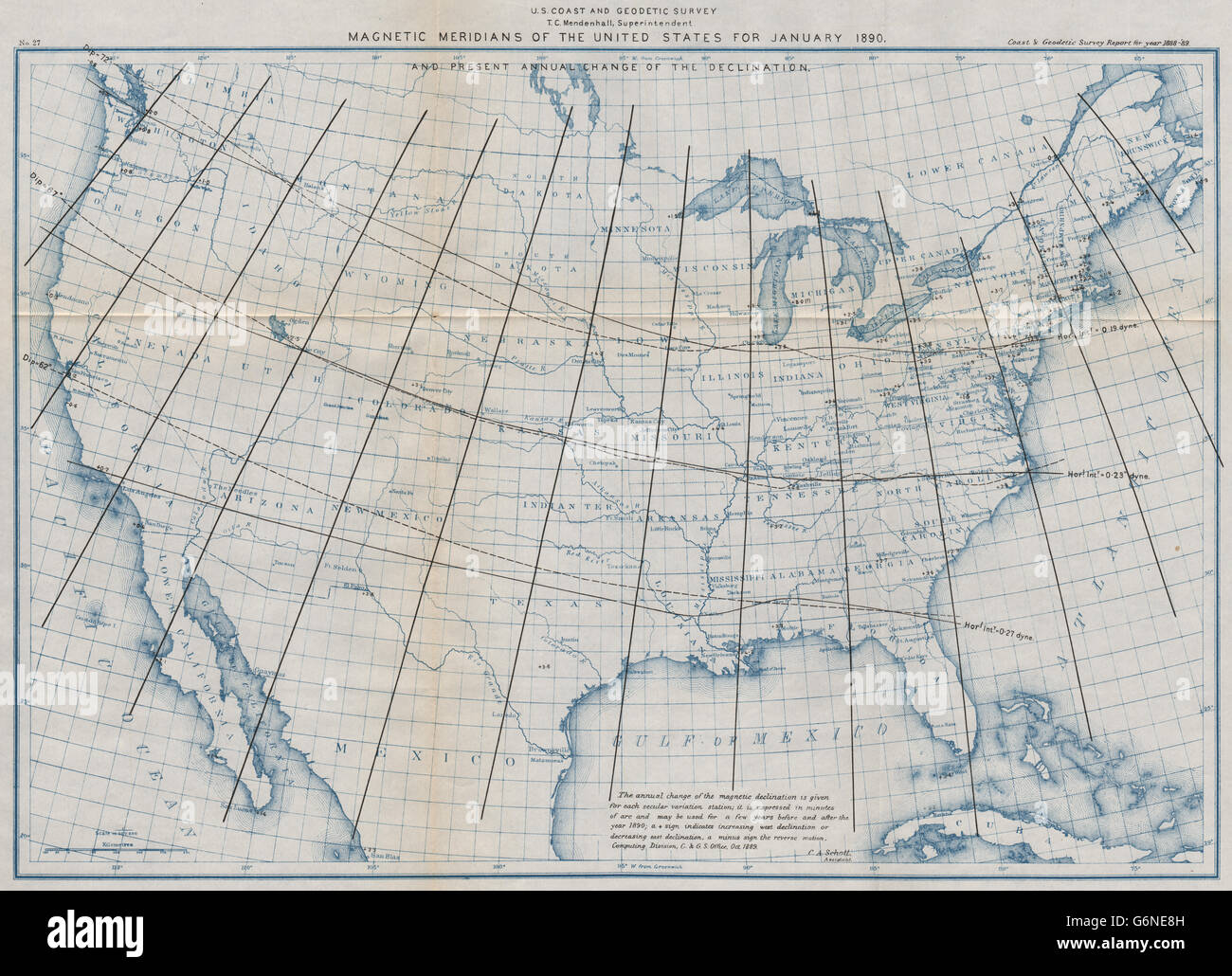 USA : Janvier 1890 méridiens magnétiques. La déclinaison annuelle de ...