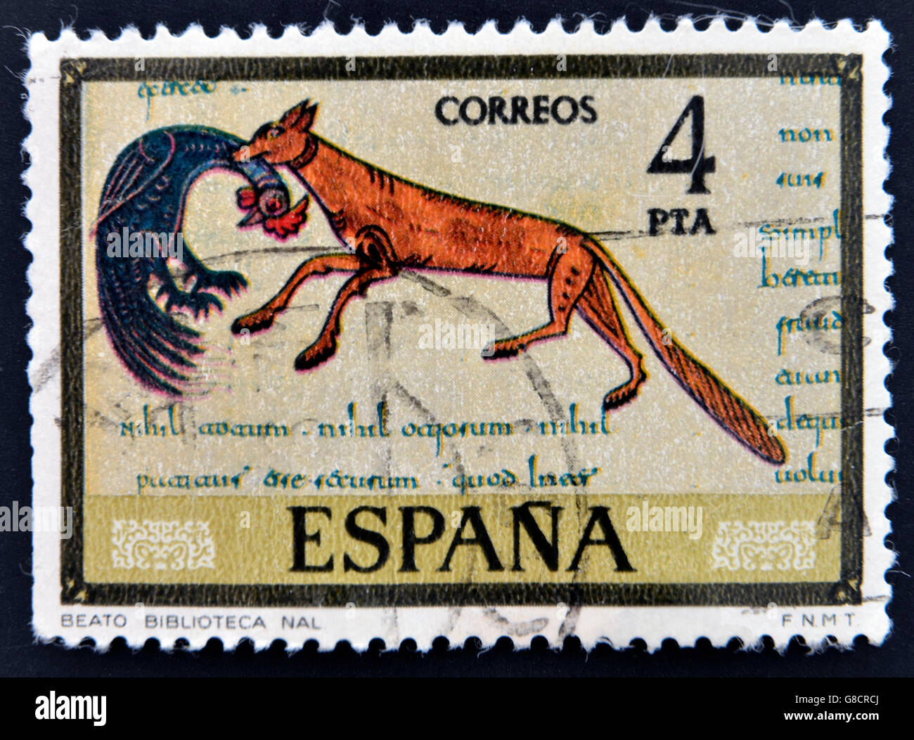 Espagne - circa 1975 : timbre imprimé en Espagne montre fox manger coq ...