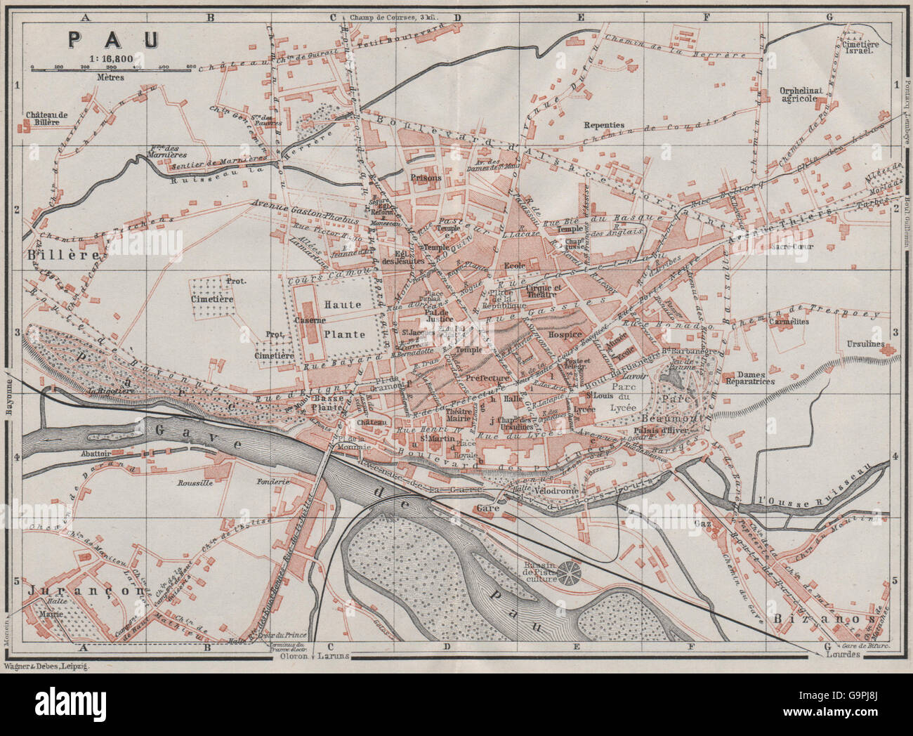 PAU ville antique plan de ville de la ville. Carte, plan 1907 Pyrénées ...