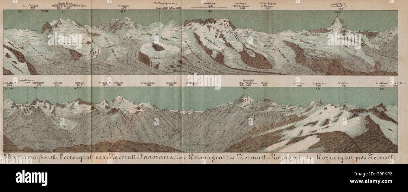 PANORAMA DE GORNERGRAT. Monte Rosa Zermatt Breithorn Matterhorn ...