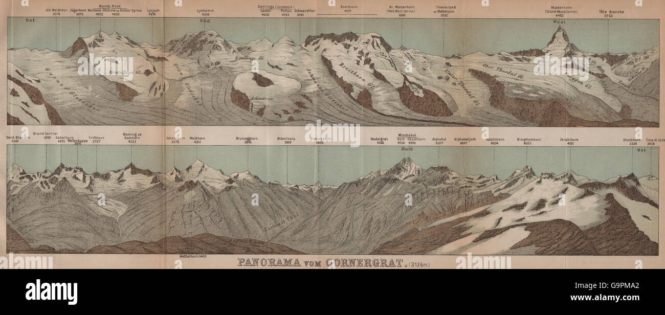 PANORAMA DE GORNERGRAT. Monte Rosa Zermatt Breithorn Matterhorn ...