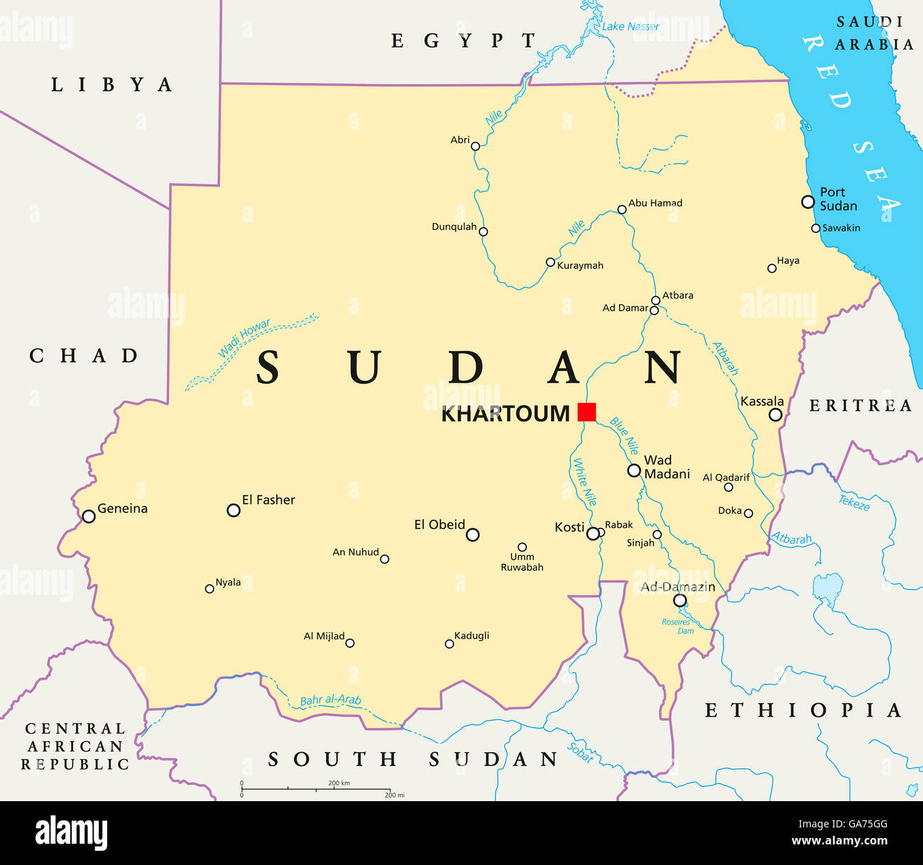 Carte politique du Soudan avec Capitale Khartoum, les frontières ...