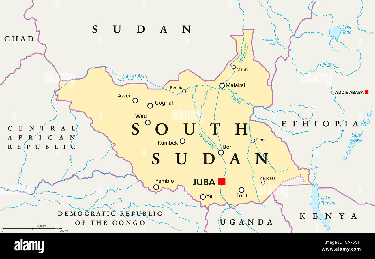 Carte politique du Soudan du Sud à Juba, capitale des frontières ...