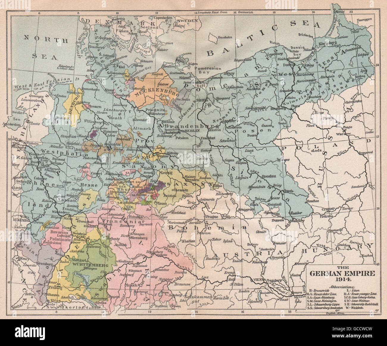 L'Empire allemand en 1914. La Prusse Saxe Bavière Baden Württemberg ...
