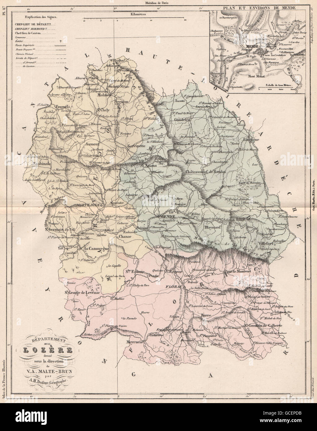 LOZÈRE. Carte du département. Lozere. Plan de Mende. MALTE-BRUN, 1852 ...