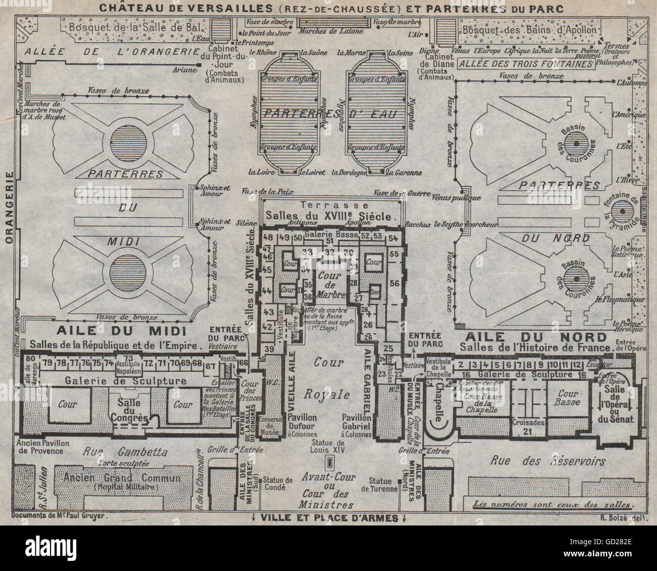 CHÂTEAU DE VERSAILLES. Rez-de-chaussée. Parterres. Carte vintage ...