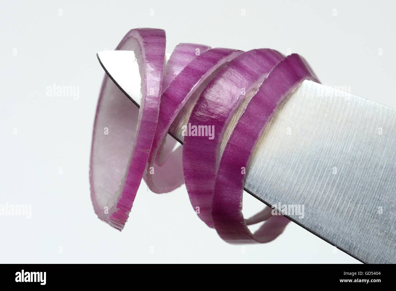 Rondelles d'oignon rouge sur la pointe du couteau allium cepa Banque de ...