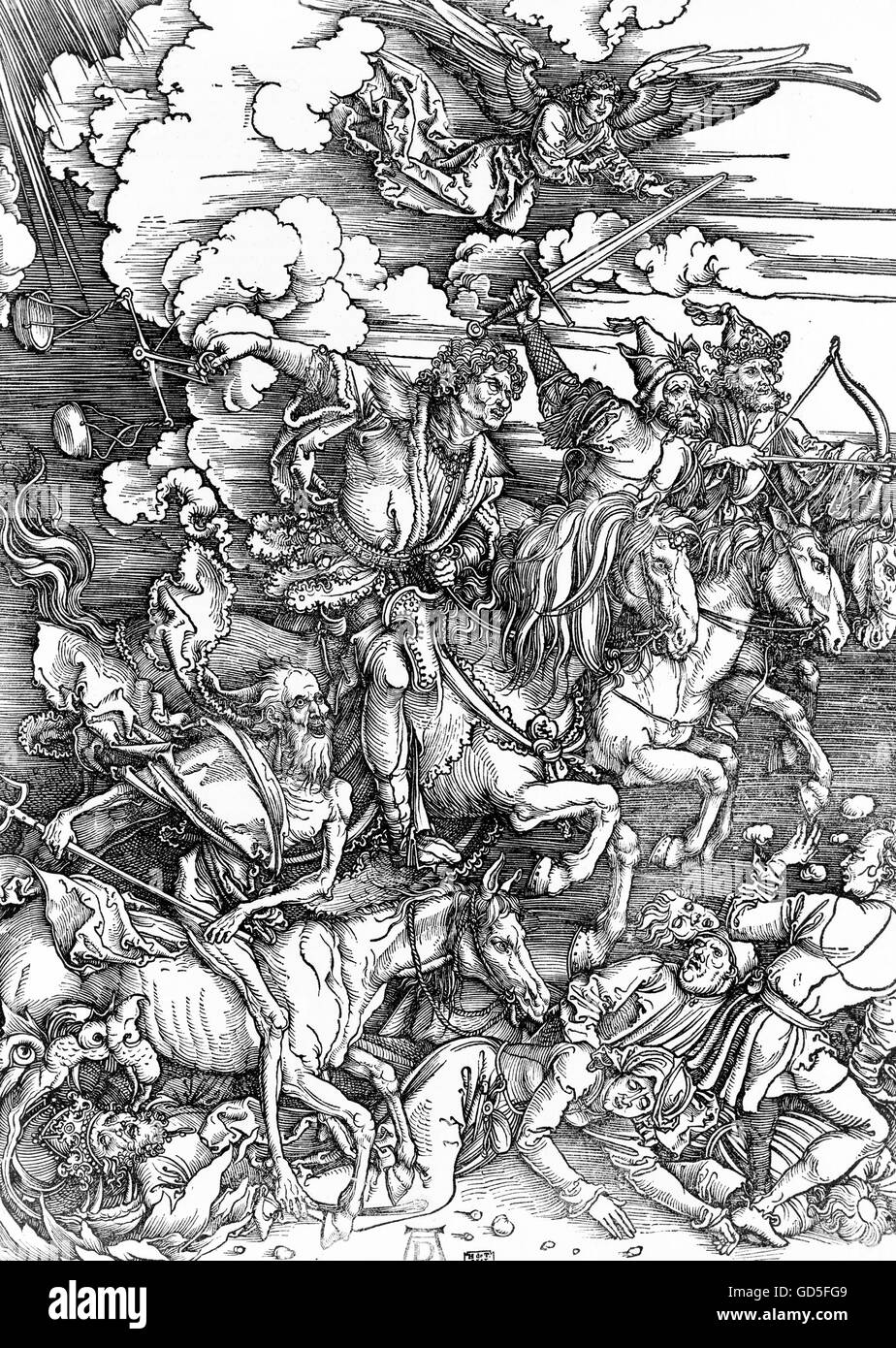 Quatre cavaliers de l'Apocalypse par Albrecht Dürer, 1511, gravure sur ...
