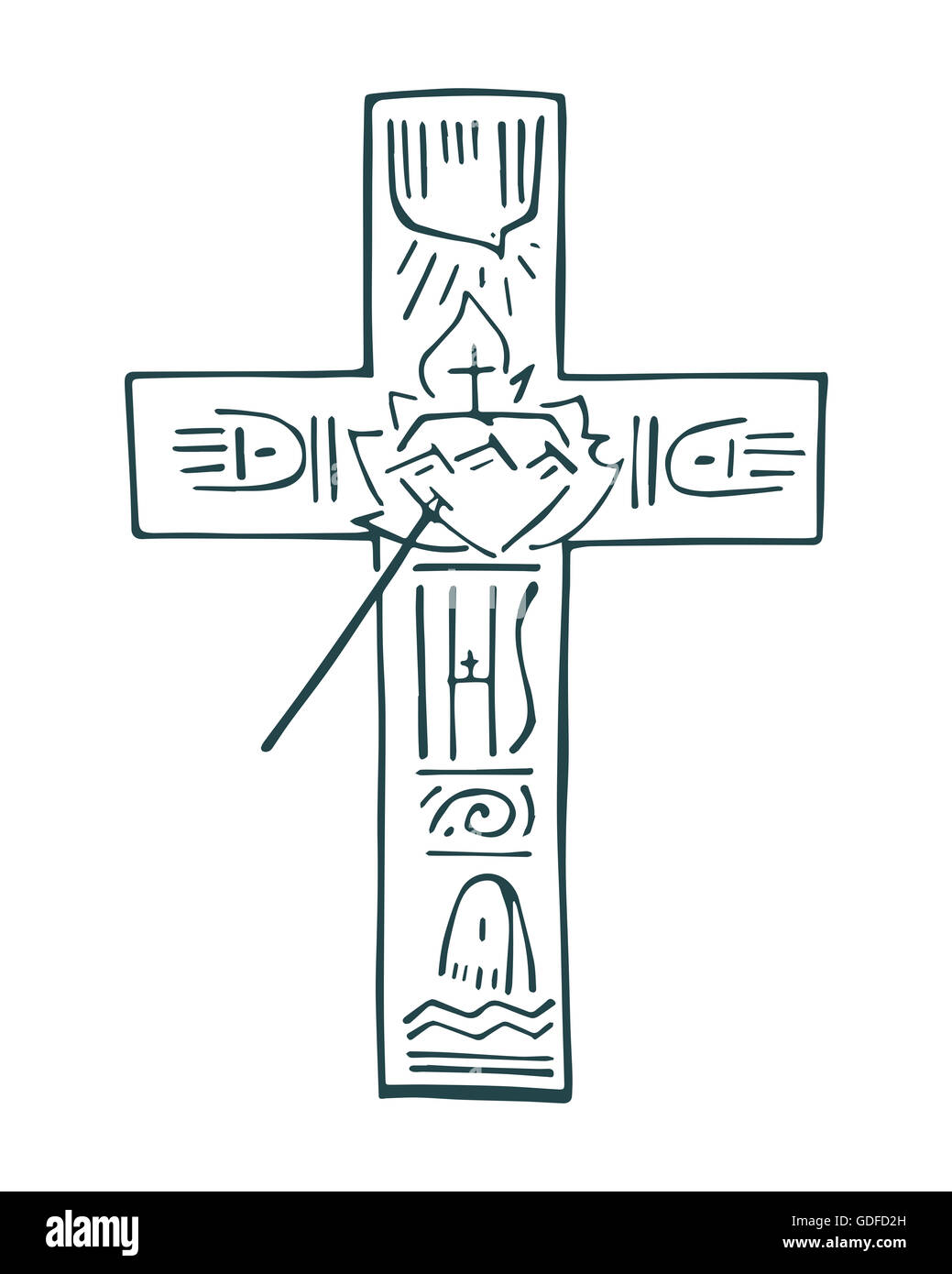 Hand drawn vector illustration ou dessin d'une croix catholique ...