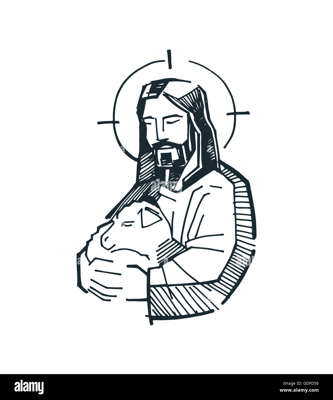 Hand drawn vector illustration ou dessin de Jésus Bon Pasteur Photo ...