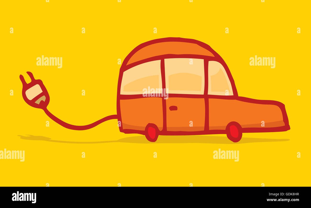 Cartoon illustration d'une drôle de voiture électrique avec une prise ...