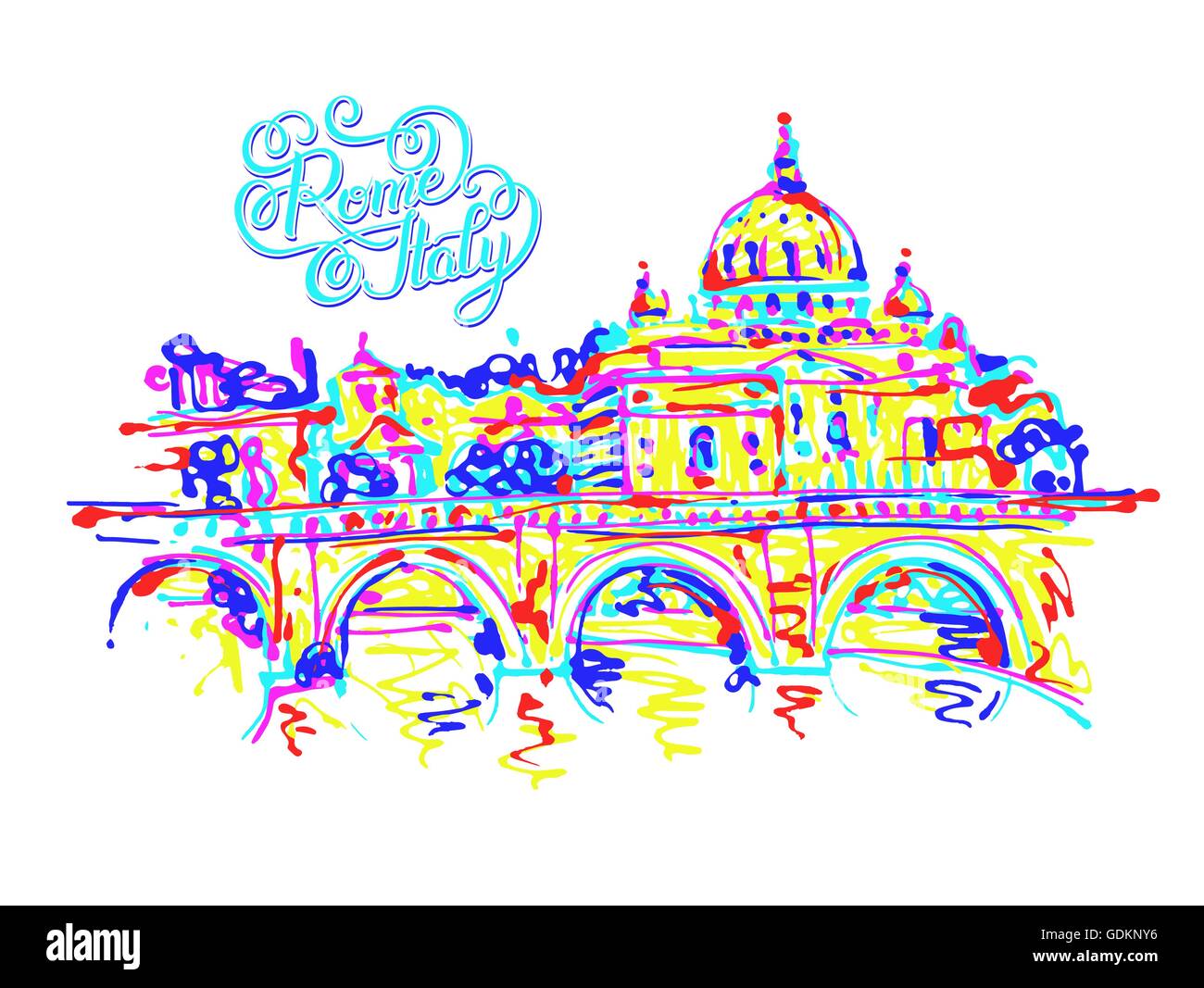 Place de Rome Italie, dessin original en couleurs arc-en-docu Image ...