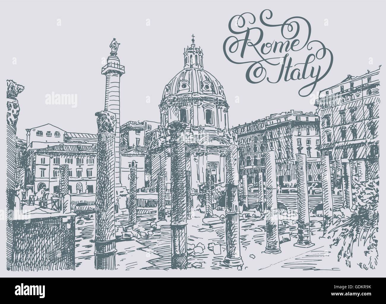 Croquis original dessin à la main de Rome Italie célèbre cityscape avec ...