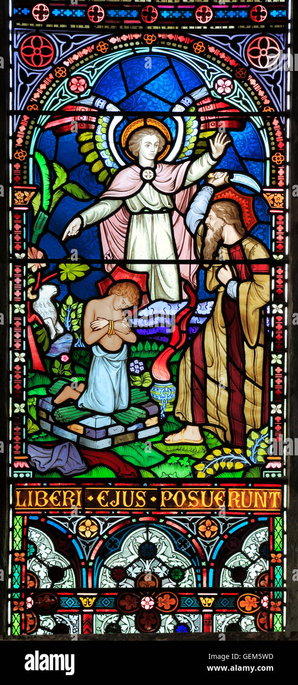 Abraham, son fils Isaac, Angel, ram, Old Hunstanton, détail de vitrail ...