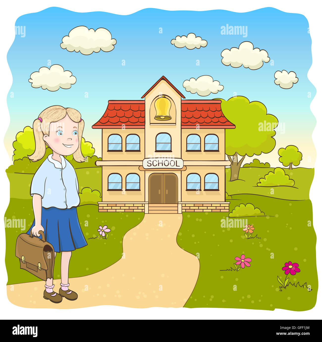 Cartoon petite fille en jupe bleue, avec un sac, sur le chemin de l ...