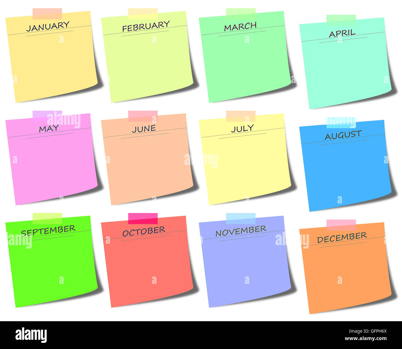 Post it colorés avec mois - calendrier Photo Stock - Alamy
