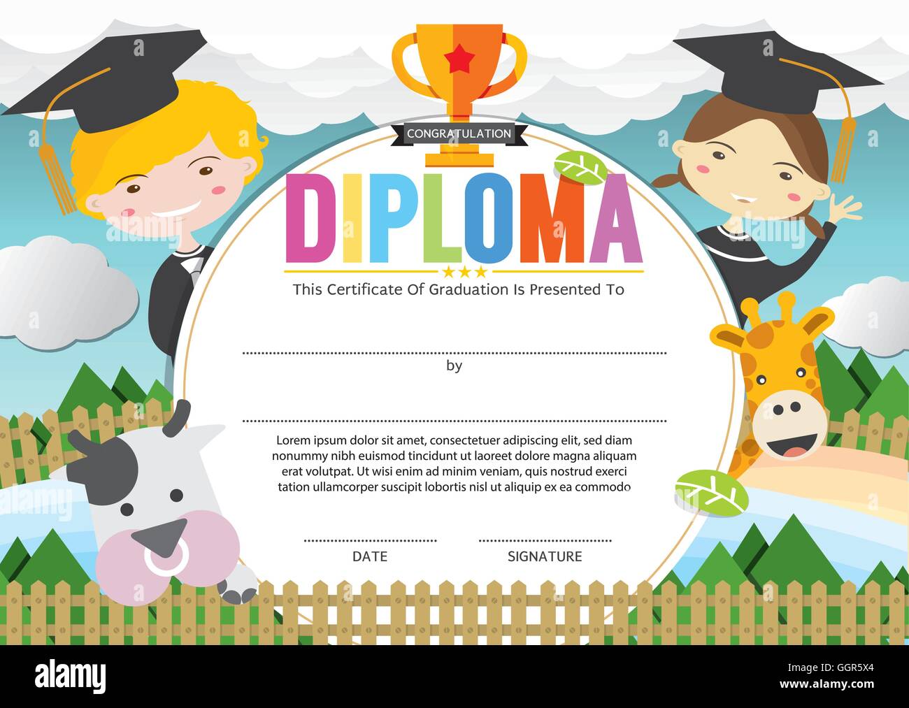 Modèle de certificat Diplôme Kids Vector Illustration Image Vectorielle ...