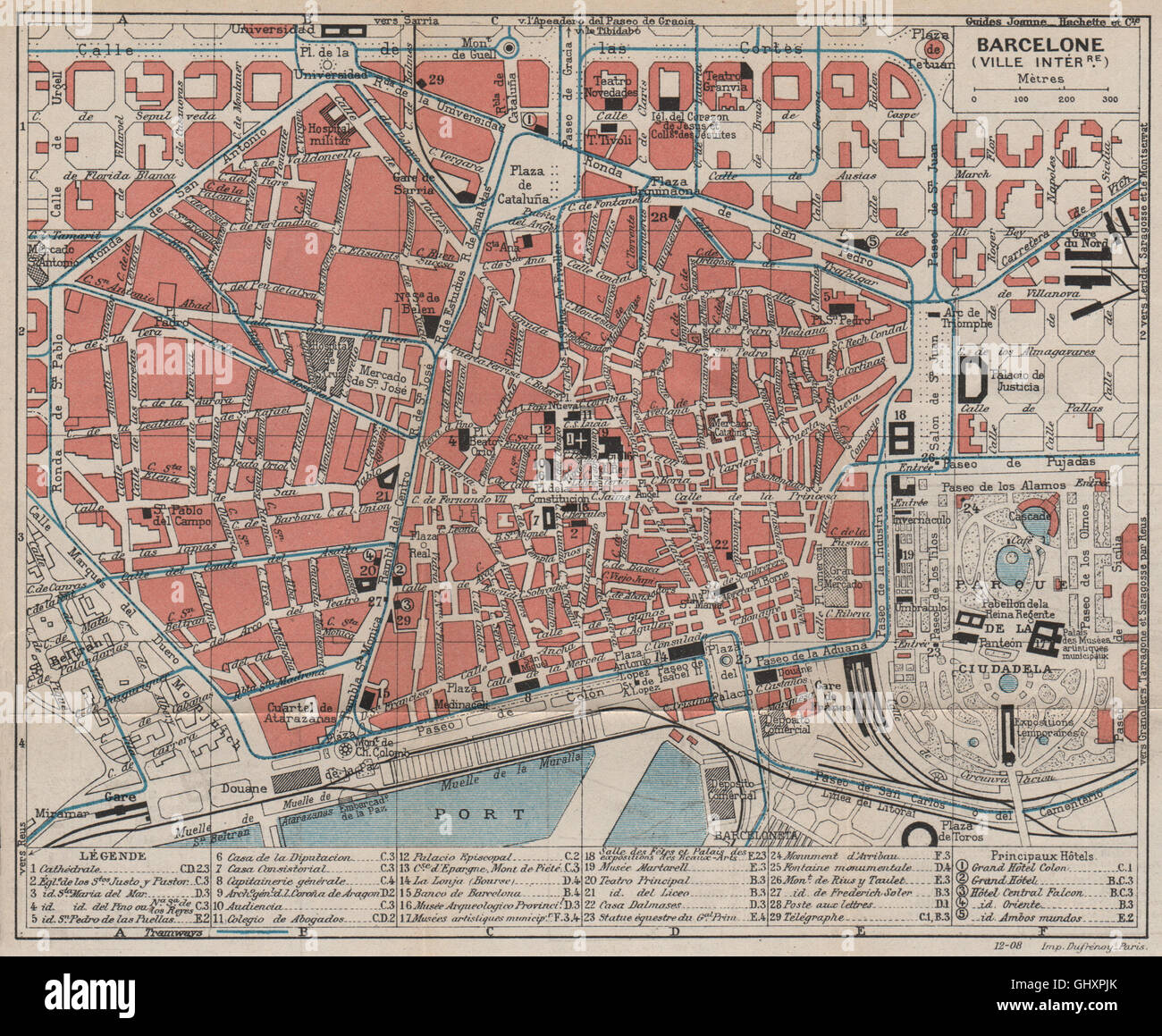 Barcelone. Centre-ville. Vintage map de ville plan. Espagne (Catalogne ...
