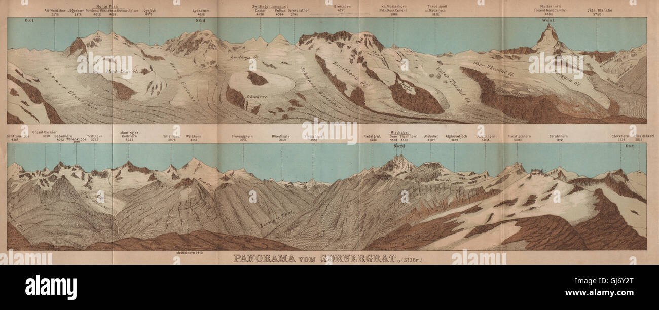 PANORAMA DE GORNERGRAT. Monte Rosa Zermatt Breithorn Matterhorn ...