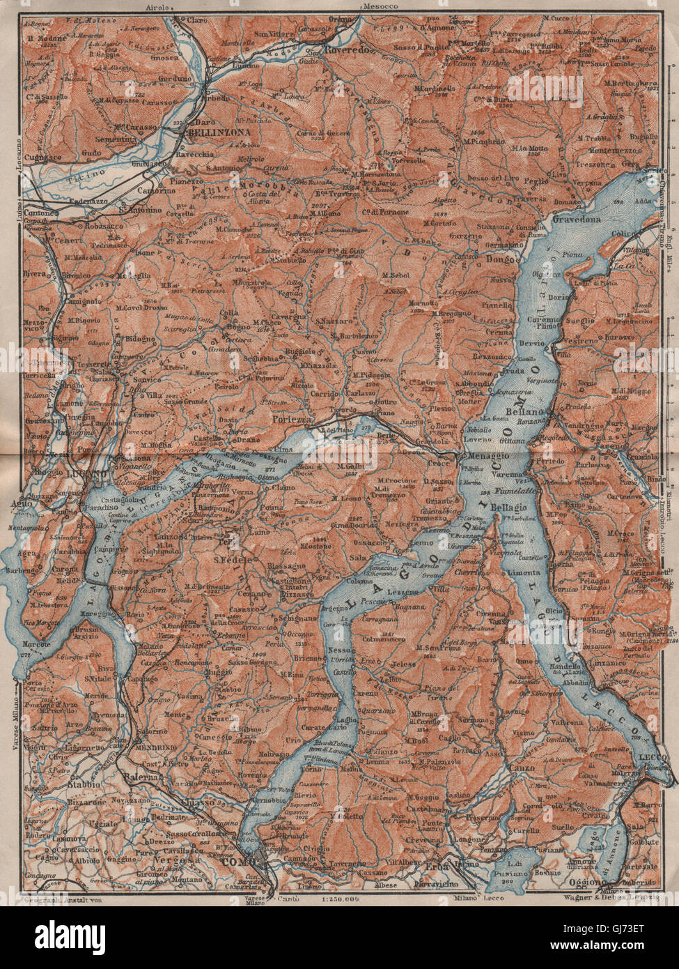 Lacs/Lago di Como et Lugano. Lecco Bellinzona. Topo-map. Italie mappa ...