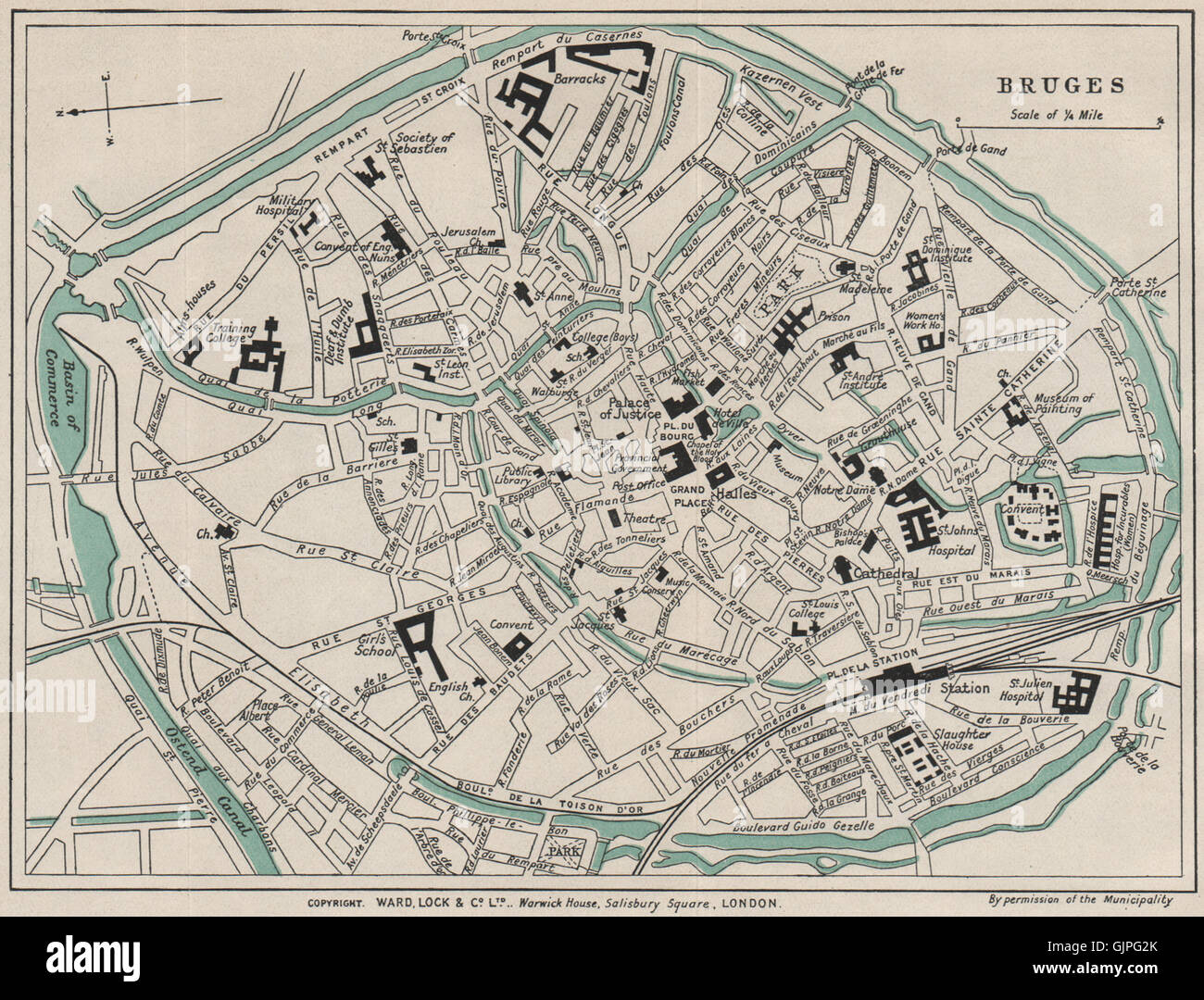 BRUGES vintage town/city plan. La Belgique. WARD LOCK, 1926 carte ...