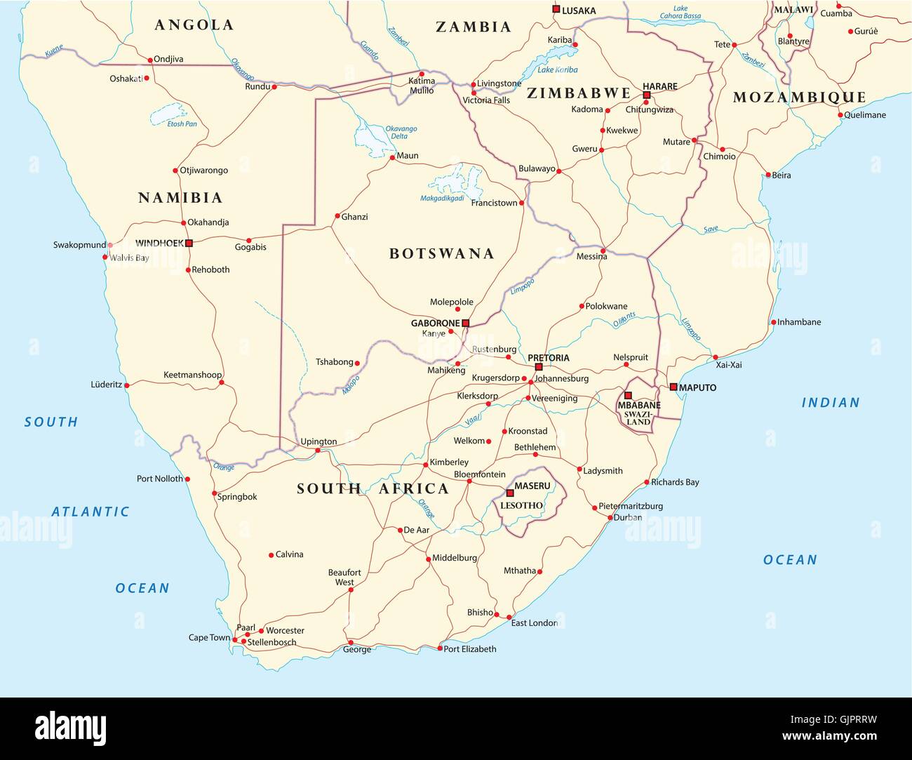 Carte routière de vecteur d'états de l'Afrique australe Image ...