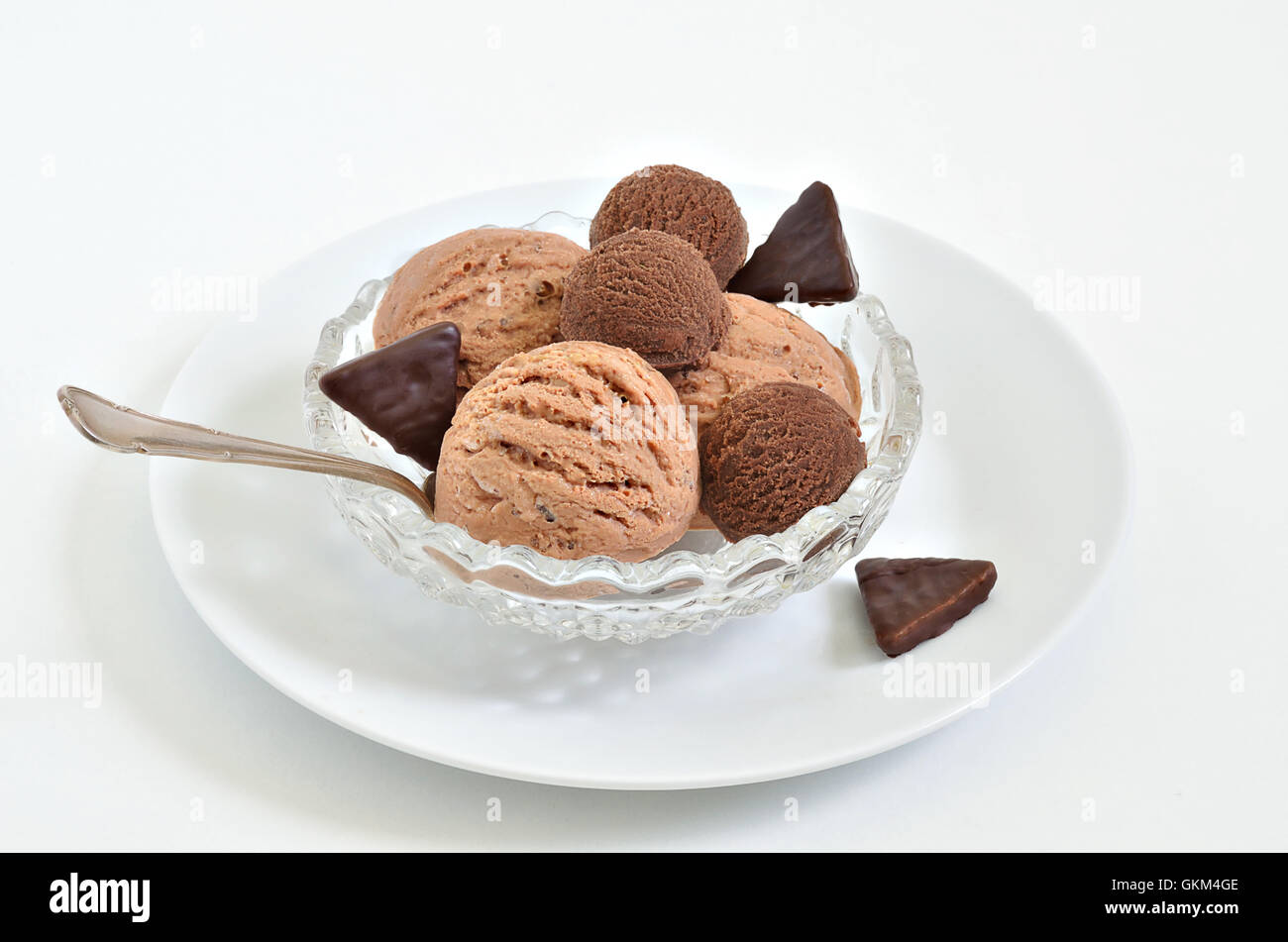 Boules de glace au chocolat et glace noisette dans un bol blanc, gros ...