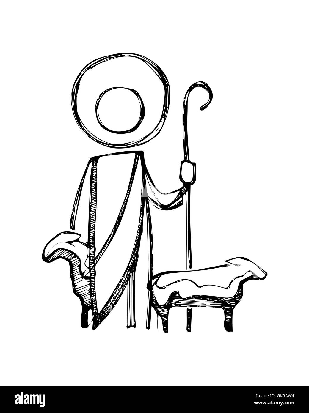 Hand drawn vector illustration ou dessin de Jésus Christ Bon Pasteur ...