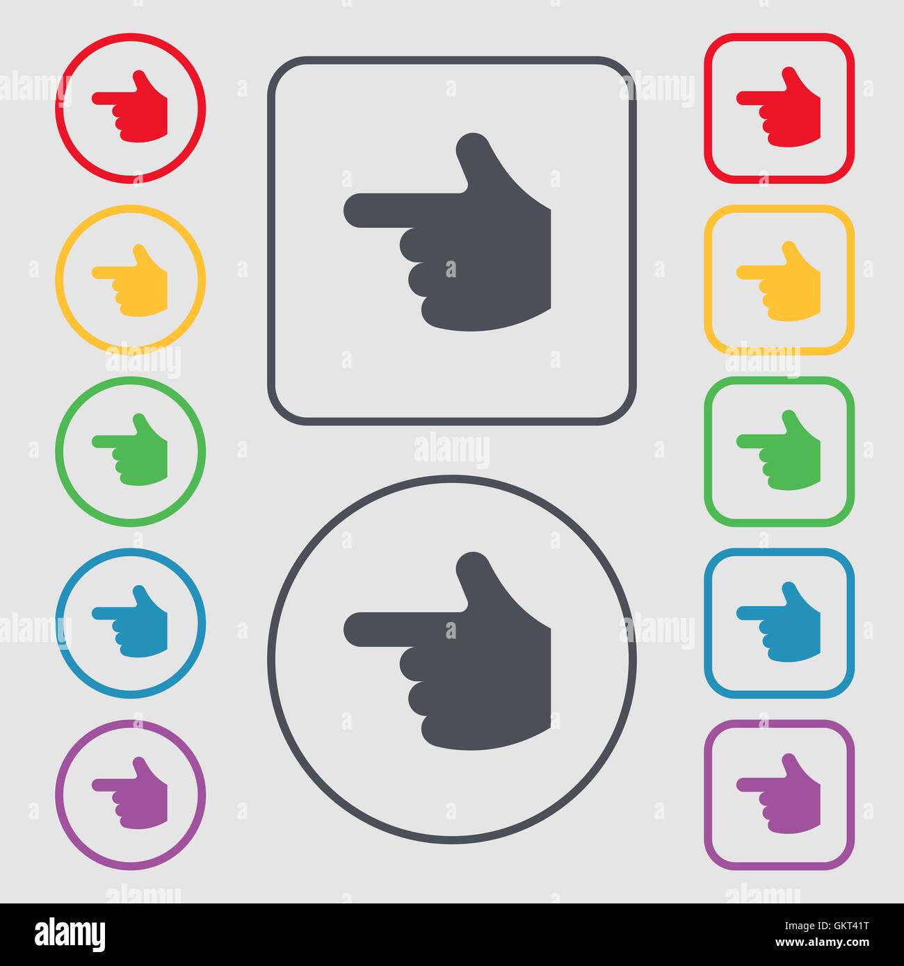 L'icône main signe. symbole sur le boutons ronds et carrés avec le bâti ...