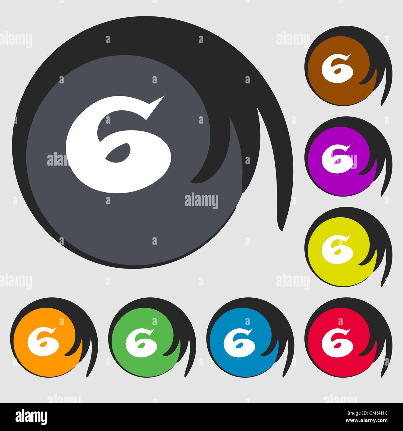 L'icône numéro six signe. Symboles sur huit boutons de couleur. Vector ...