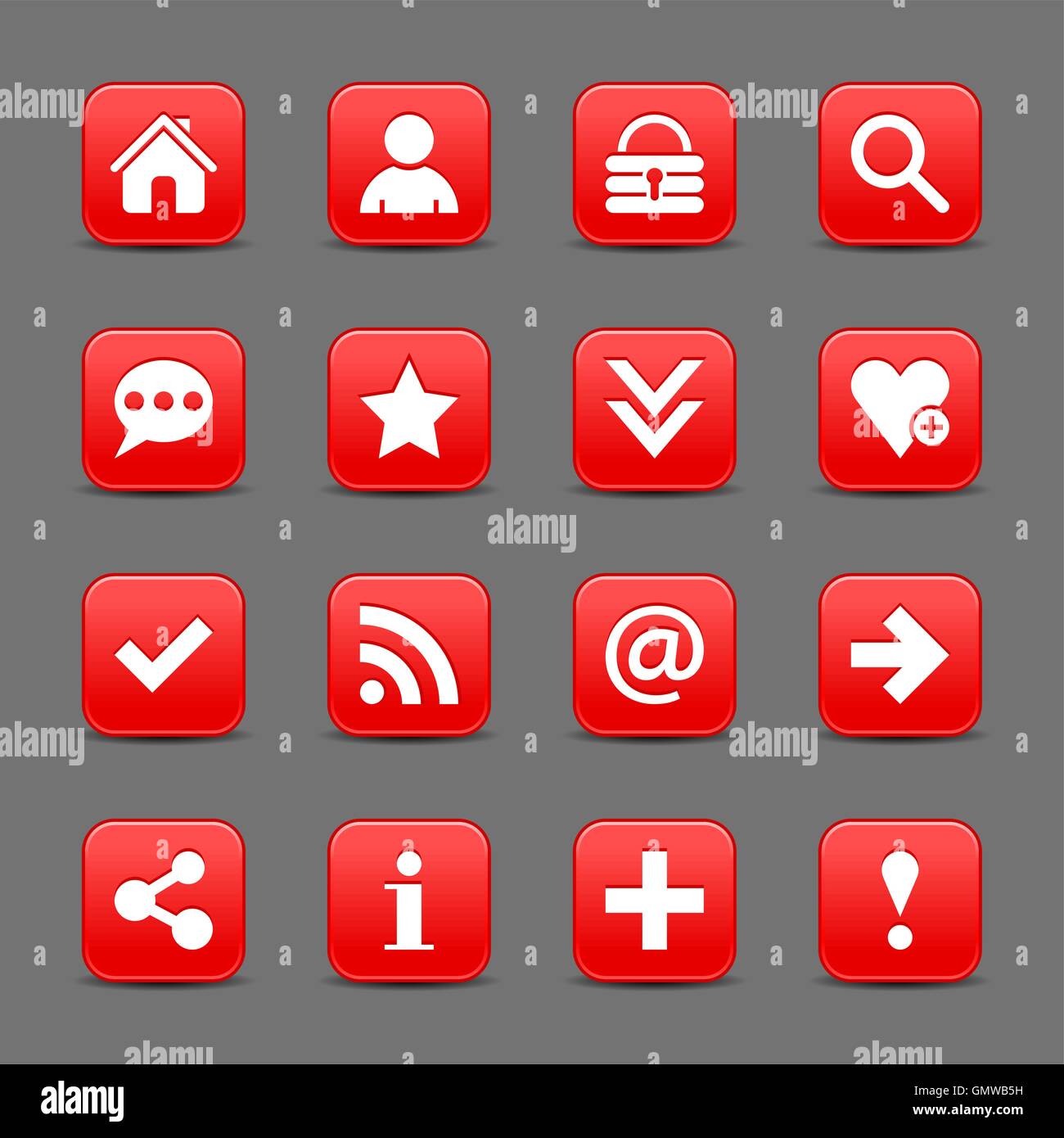 16 icône de satin rouge avec blanc signe de base sur le bouton web ...