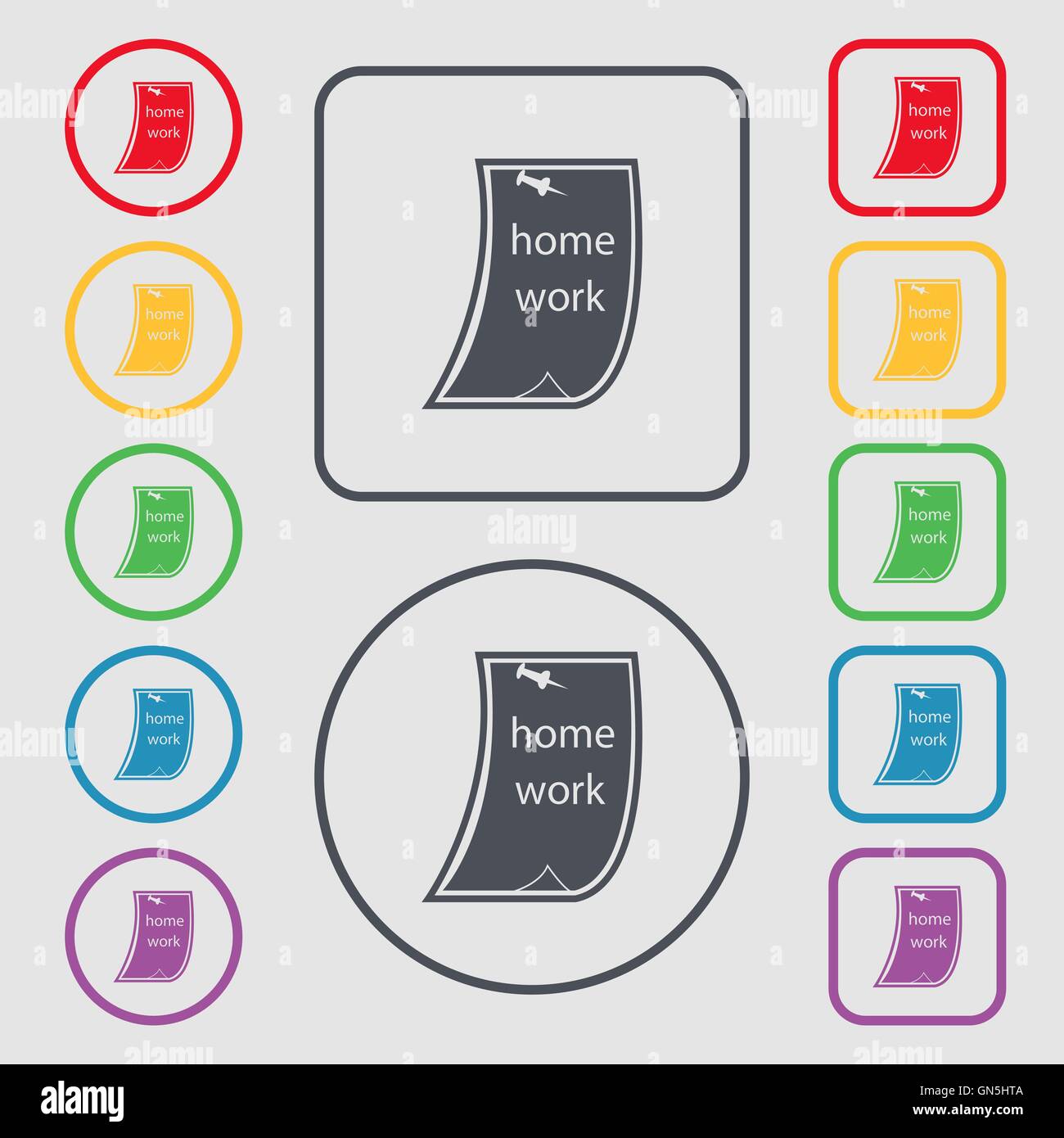 Icône devoirs signe. symbole sur le boutons ronds et carrés avec le ...
