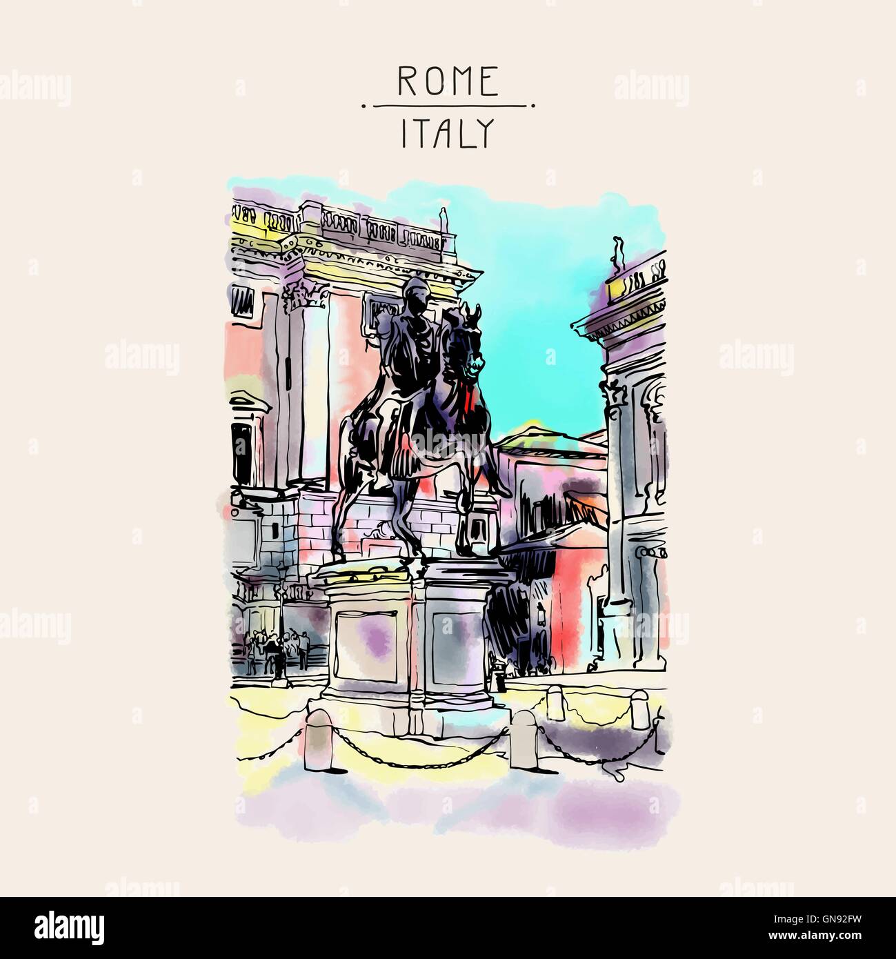 Dessin numérique de Rome Italie cityscape avec sculpture equestria ...