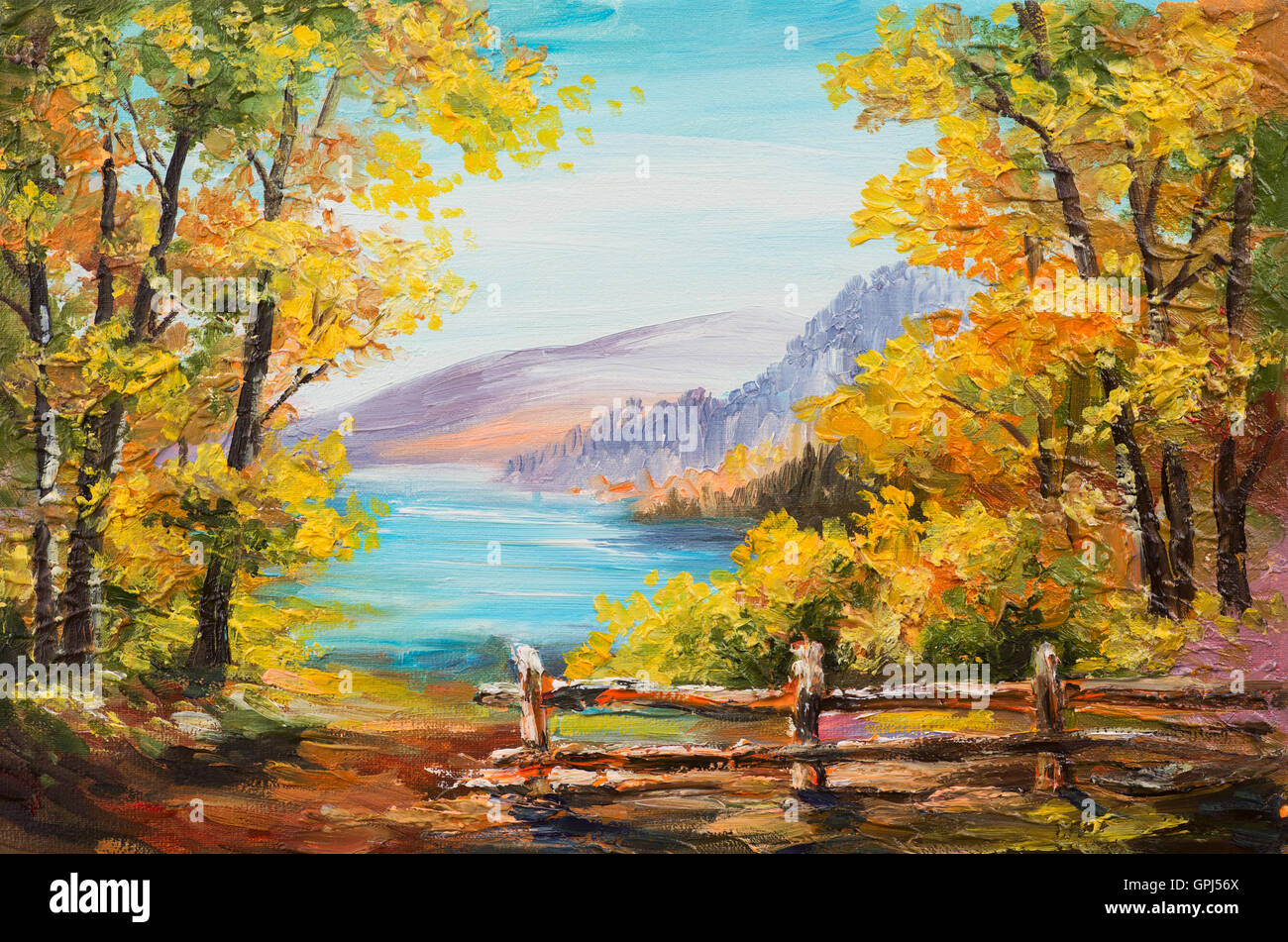 Peinture à l'huile paysage - forêt d'Automne, lac de montagne, de l ...