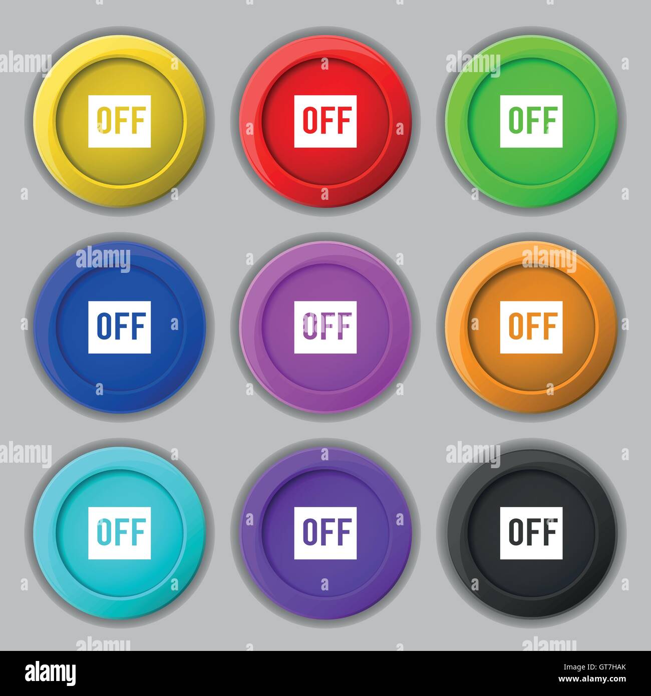 L'icône OFF signe. symbole sur neuf boutons colorés. Vector Image ...