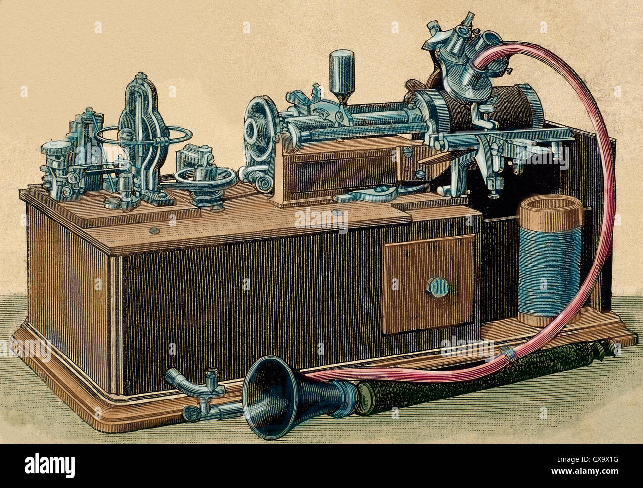 Phonographe inventé en 1877 par Thomas Alva Edison (1847-1931). Gravure ...