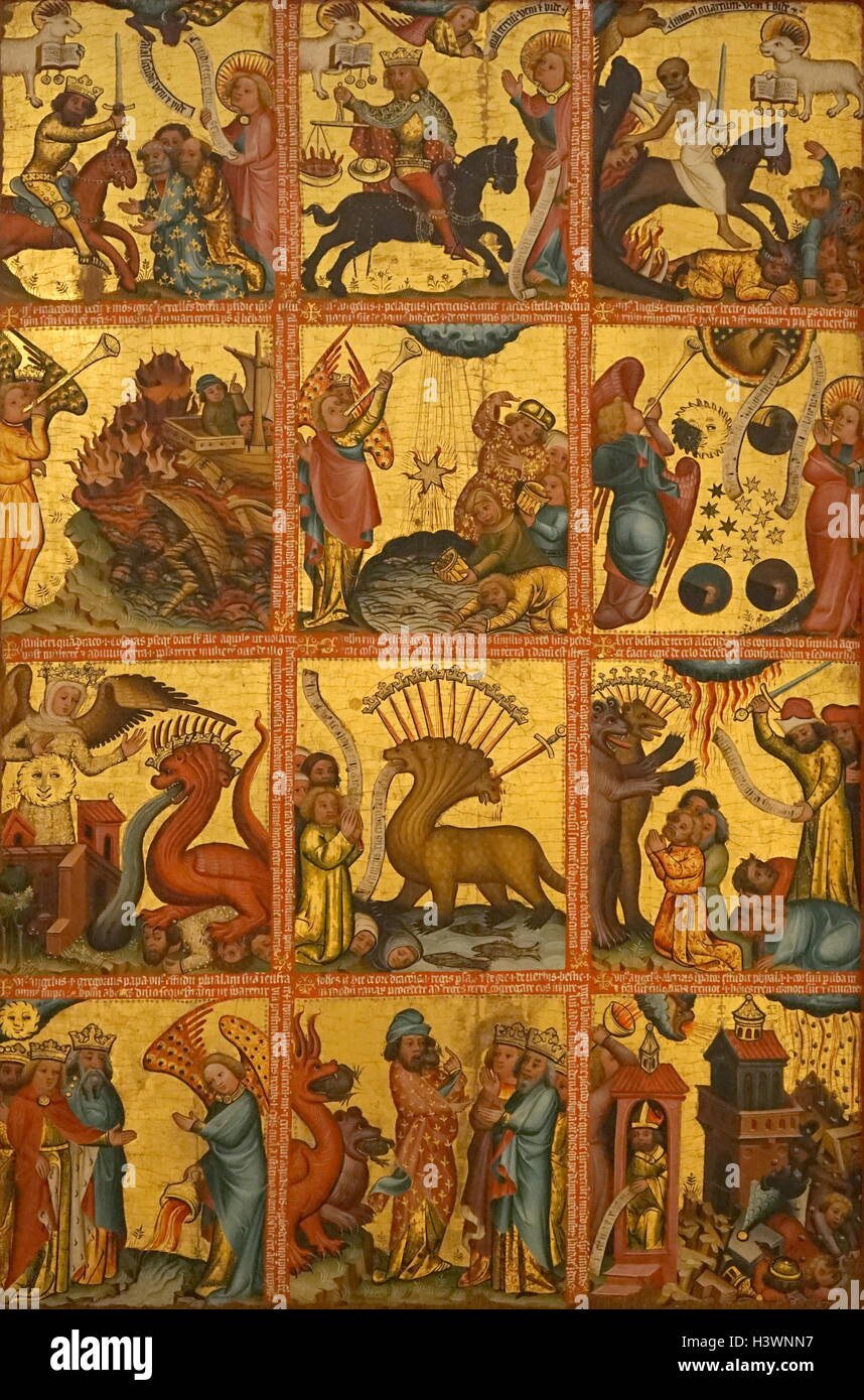 Triptyque de l'huile et feuille d'or avec des scènes de l'apocalypse ...