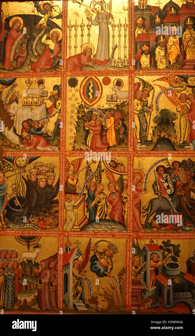 Triptyque de l'huile et feuille d'or avec des scènes de l'apocalypse ...