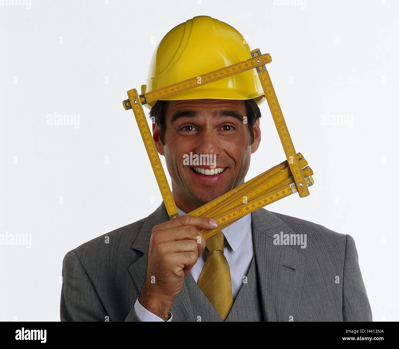 Architecte, construction, casque règle pliante, carré, voir à travers ...