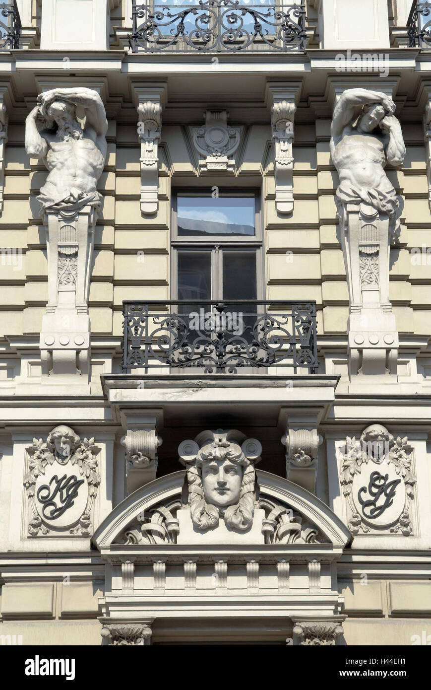 Façade façade, détail, création, stuc, pilier, tête, figure mythique ...