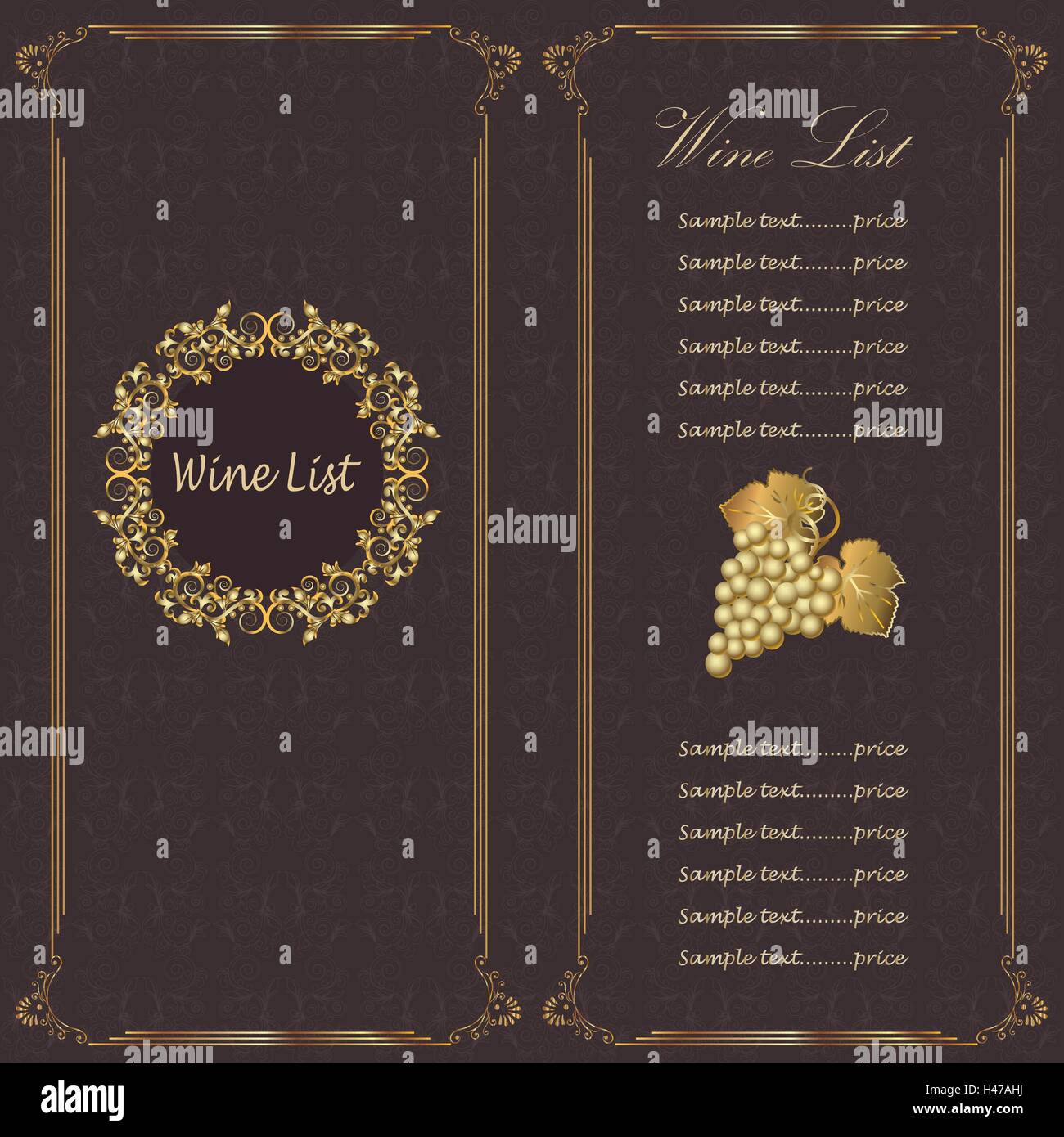 Vin élégant menu avec un verre de vin et une grappe de raisins.Template ...