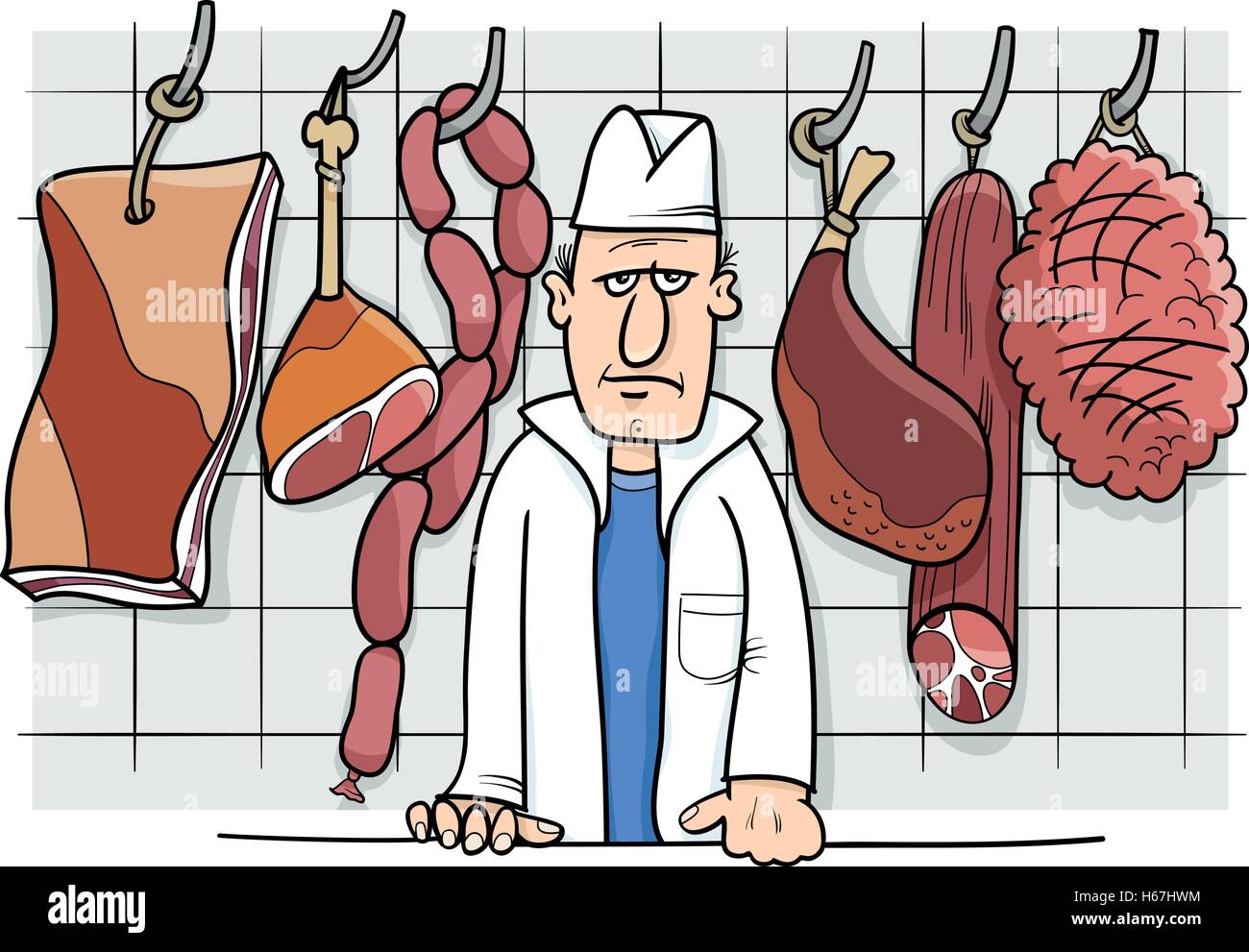 Cartoon Illustration de boucher dans son magasin avec des objets de la ...