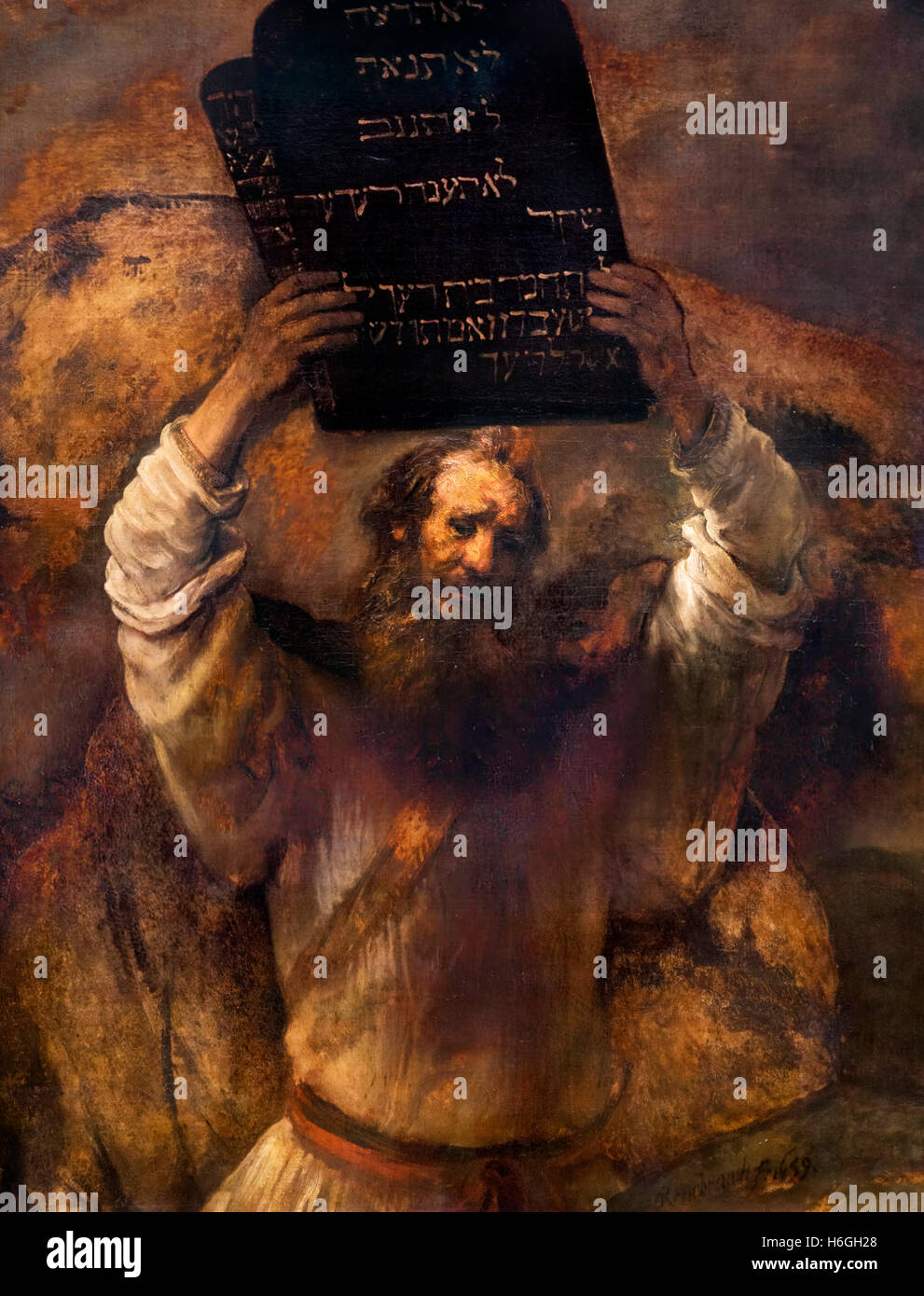 Moïse brisant les tables de la Loi d'après Rembrandt van Rijn, huile ...