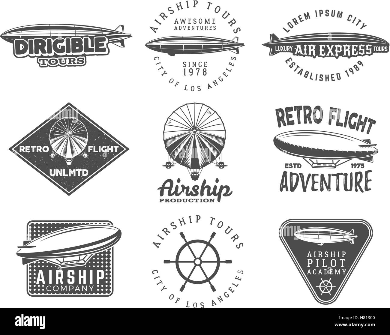 Dirigeable Vintage dessins de logos. Dirigeable rétro collection de ...
