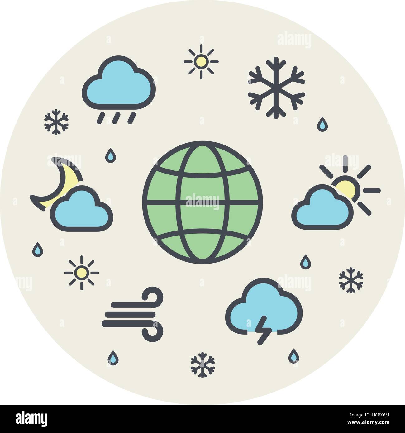 Météo et climat planète monde vecteur icône ligne circle. Fond gris. Un ...