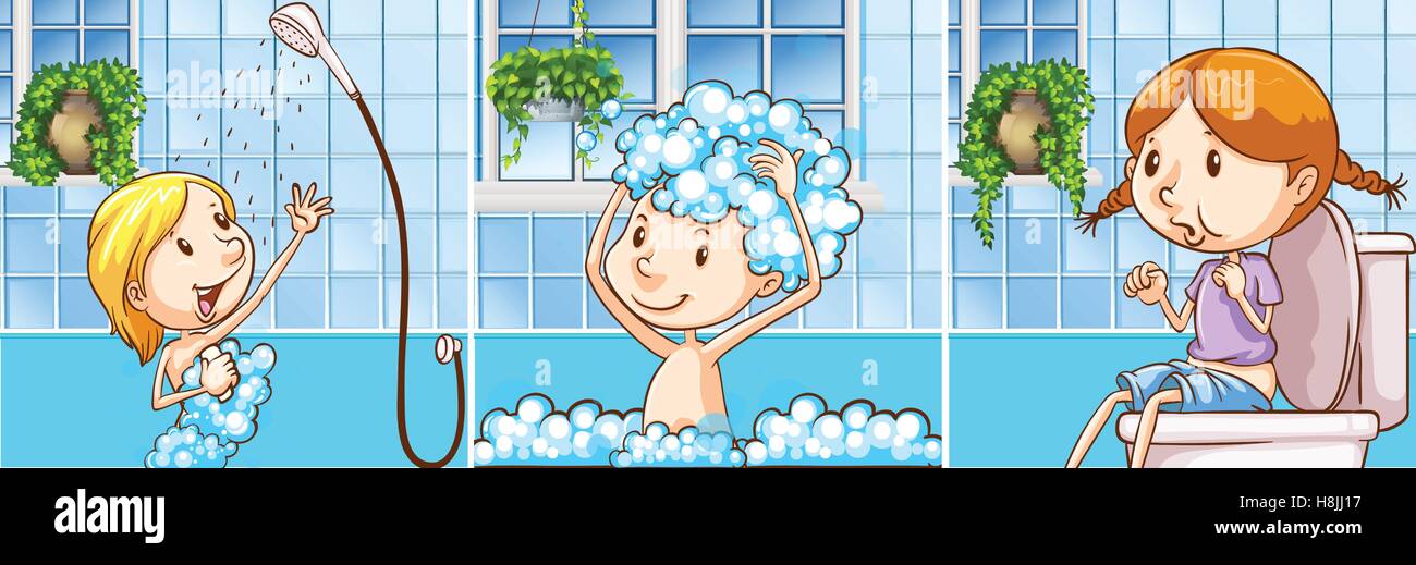 Les Enfants De Prendre Une Douche Dans La Salle De Bains Illustration