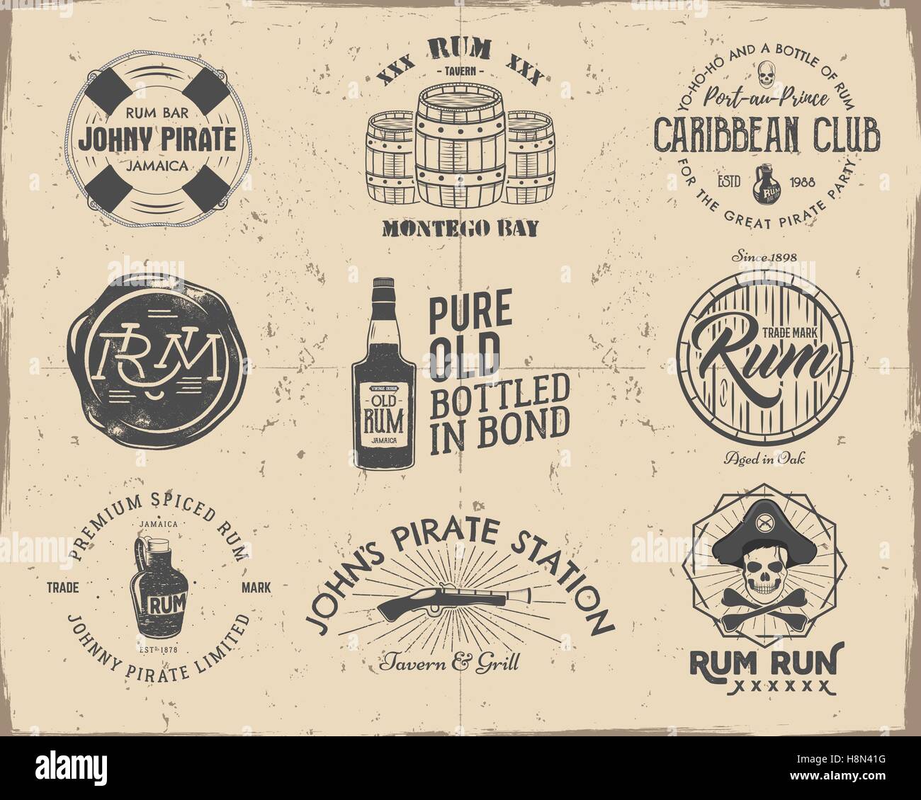 Jeu de pirate rhum artisanal vintage et emblèmes, étiquettes, logos ...