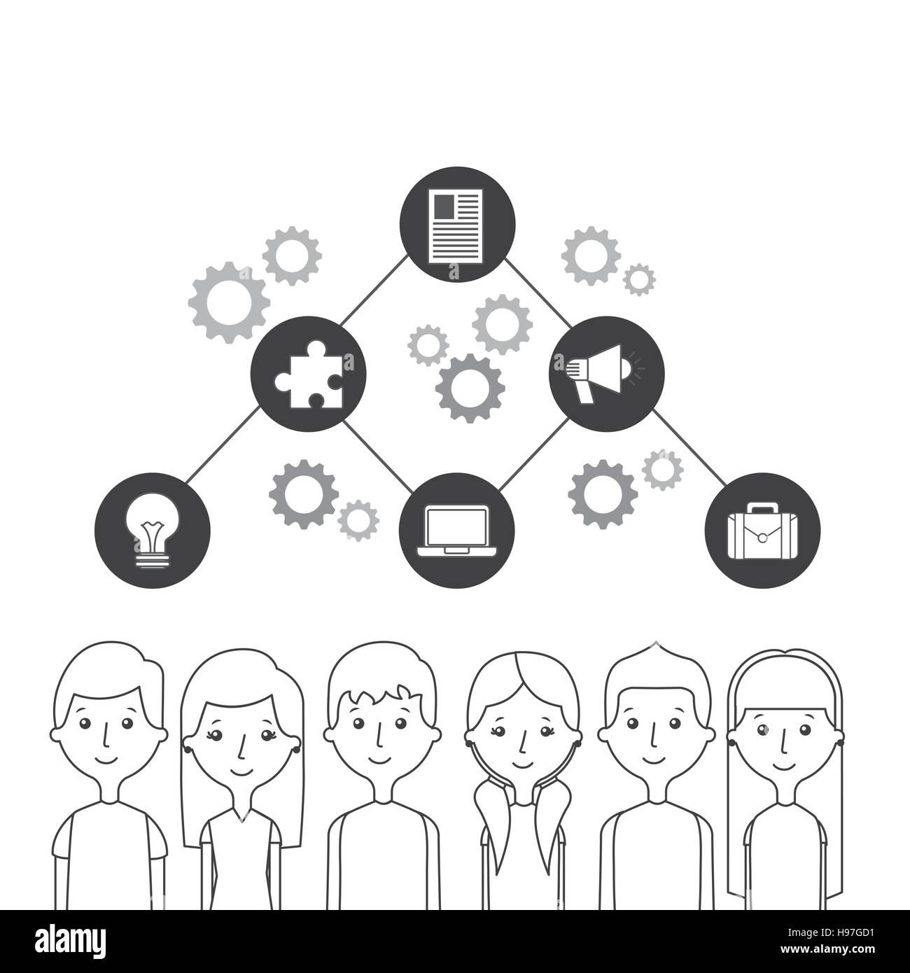 Caricature femme et homme avec des icônes de communication sur fond ...