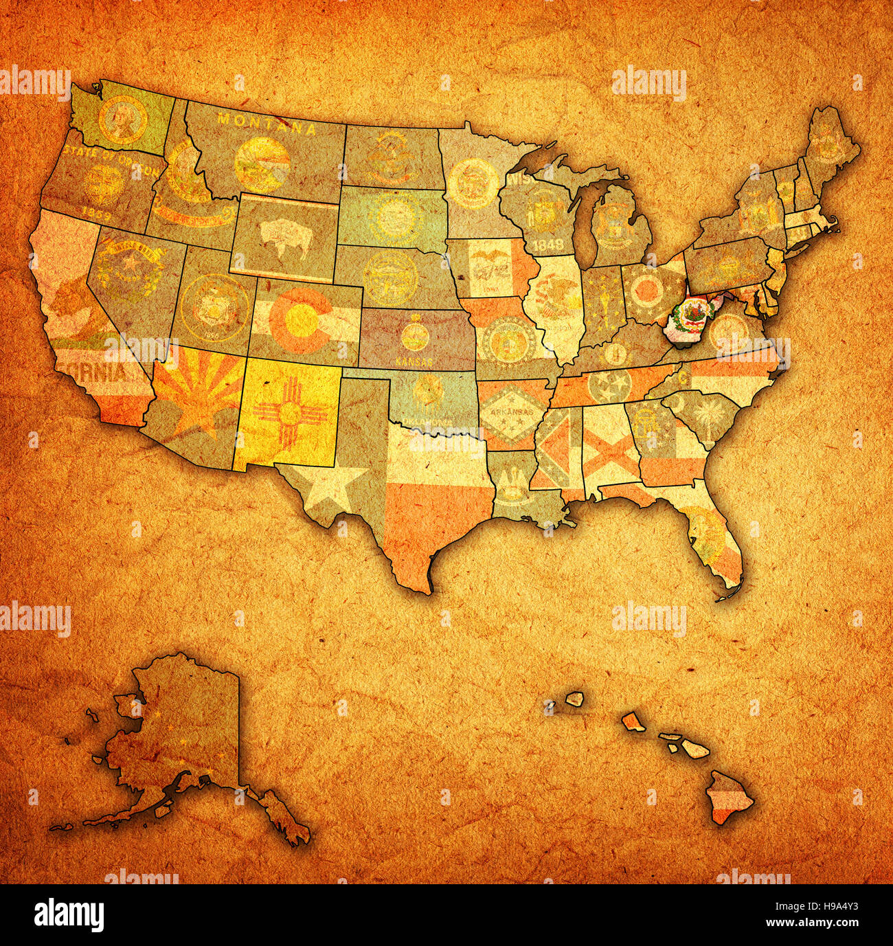 Virginie occidentale sur old vintage carte des États-Unis avec des ...